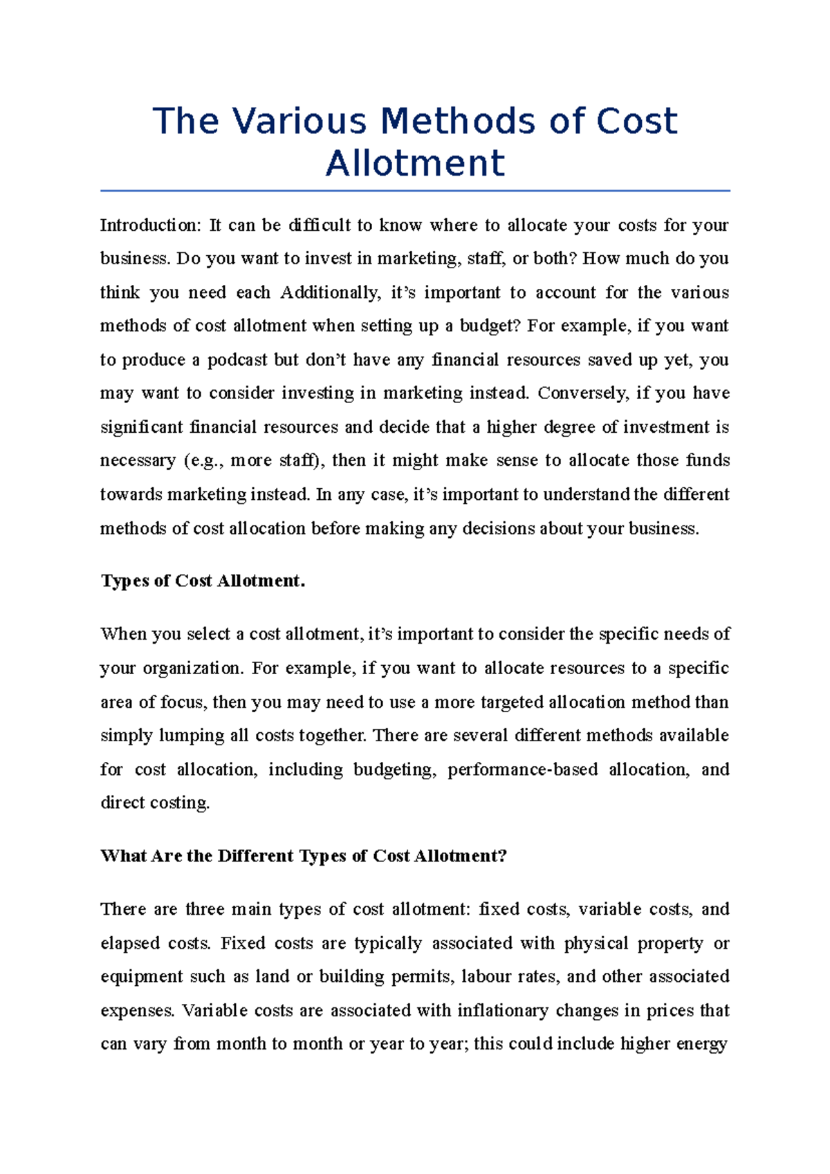 The Various Methods of Cost Allotment The Various Methods of Cost ...