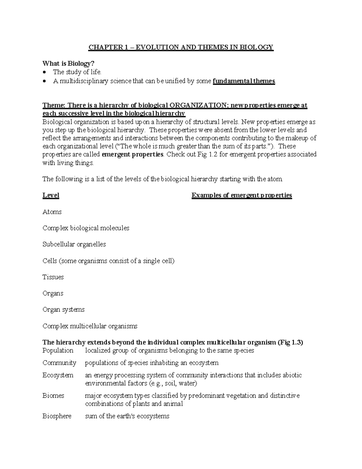 Chap 1 Notes - Intro to Biology - CHAPTER 1 – EVOLUTION AND THEMES IN ...