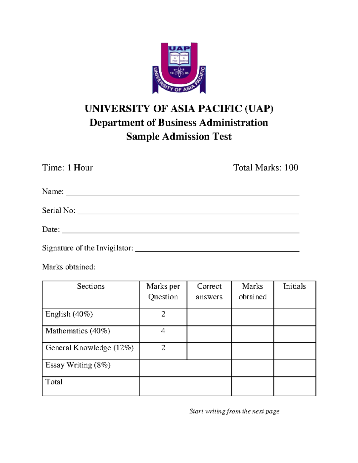 Bba adm test - None - UNIVERSITY OF ASIA PACIFIC (UAP) Department of ...