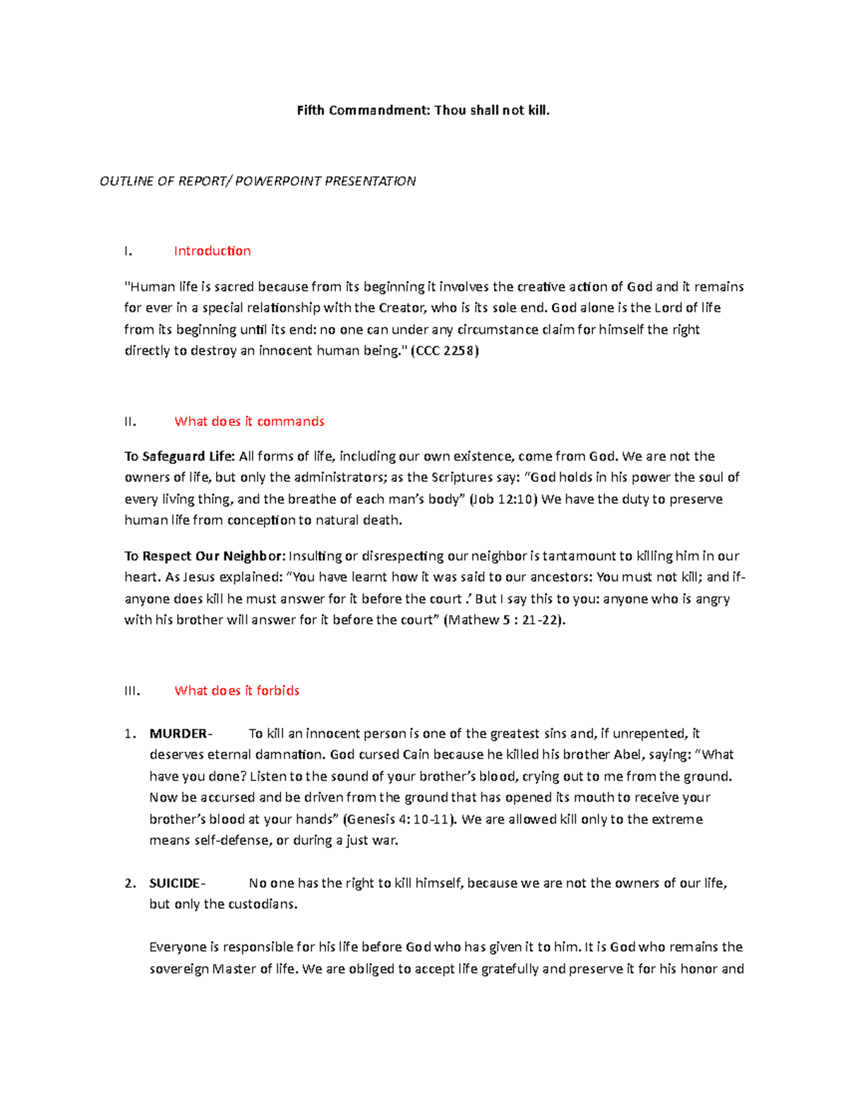 Fifth Commandment outline - Fifth Commandment: Thou shall not kill ...
