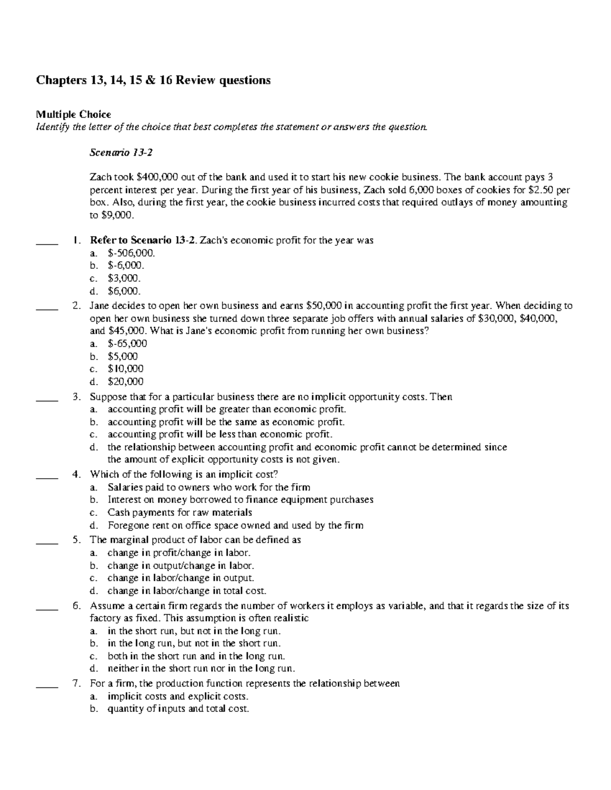 Chapters 13, 14, 15 & 16 Review questions - Principles of Economics ...
