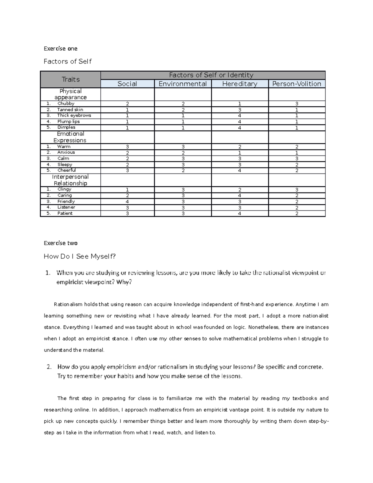 Book Activity 1 - essay - Exercise one Factors of Self Traits Factors ...