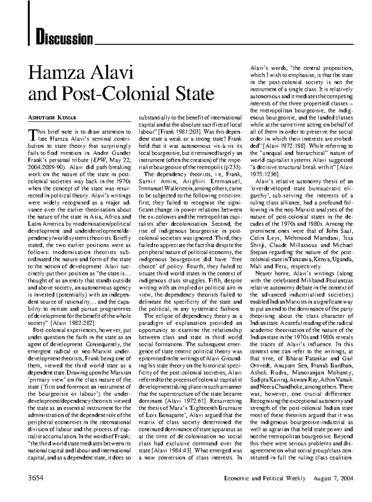 Hamza Alavi and Post Colonial State - 3654 Economic and Political ...