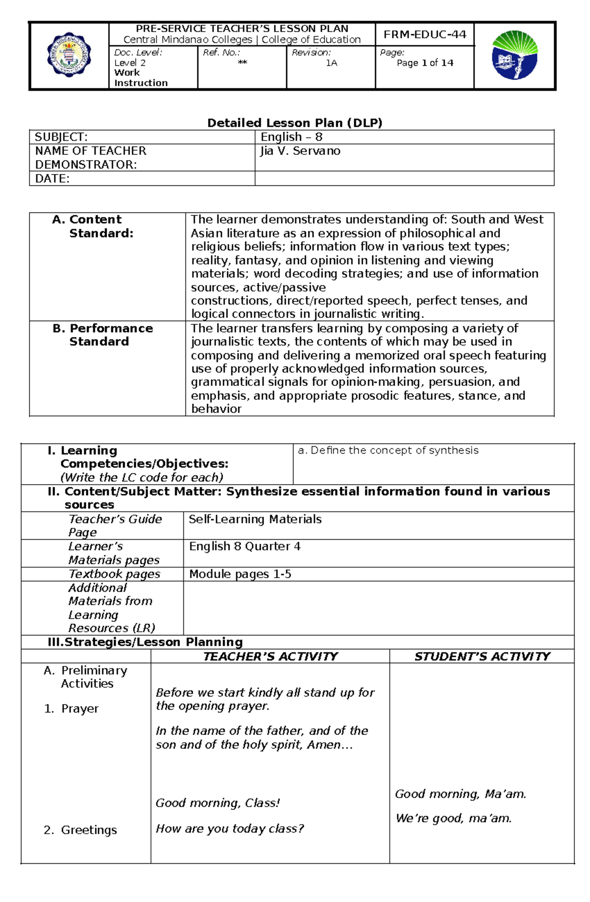 Detailed-Lesson-Plan- Synthesizing - PRE-SERVICE TEACHER’S LESSON PLAN ...
