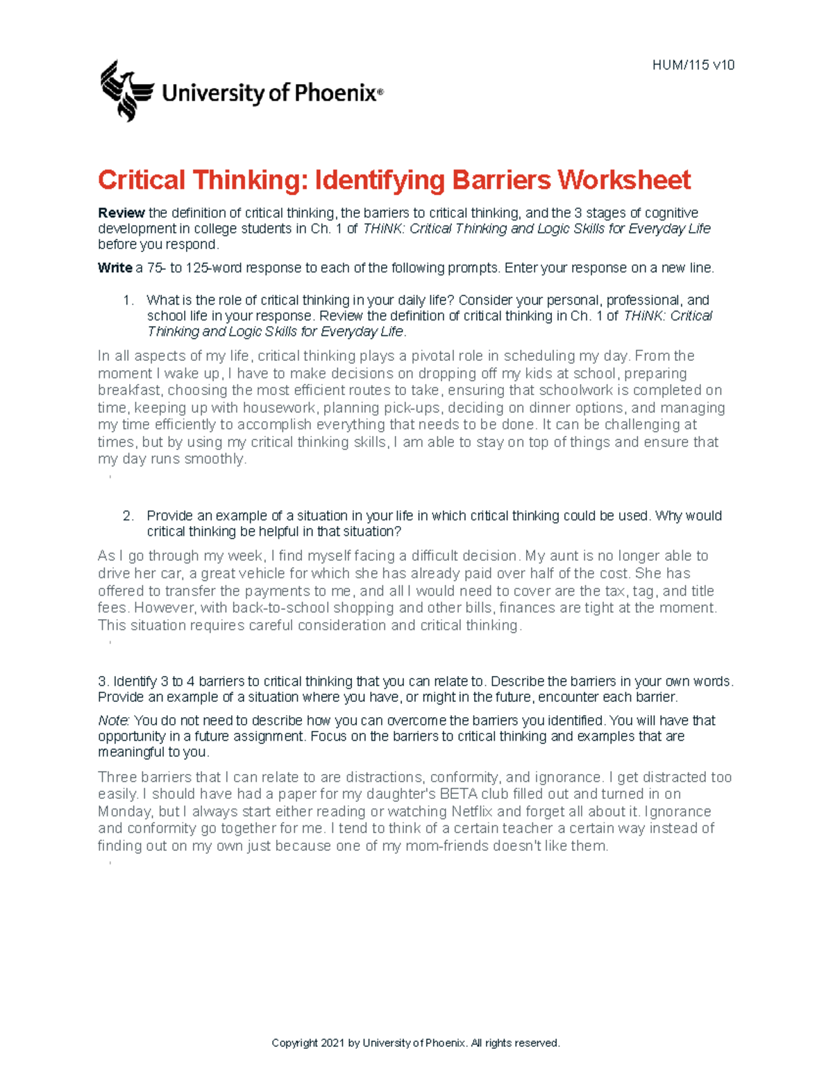 HUM115 WK1 Summativeassessment - HUM/115 v Critical Thinking ...