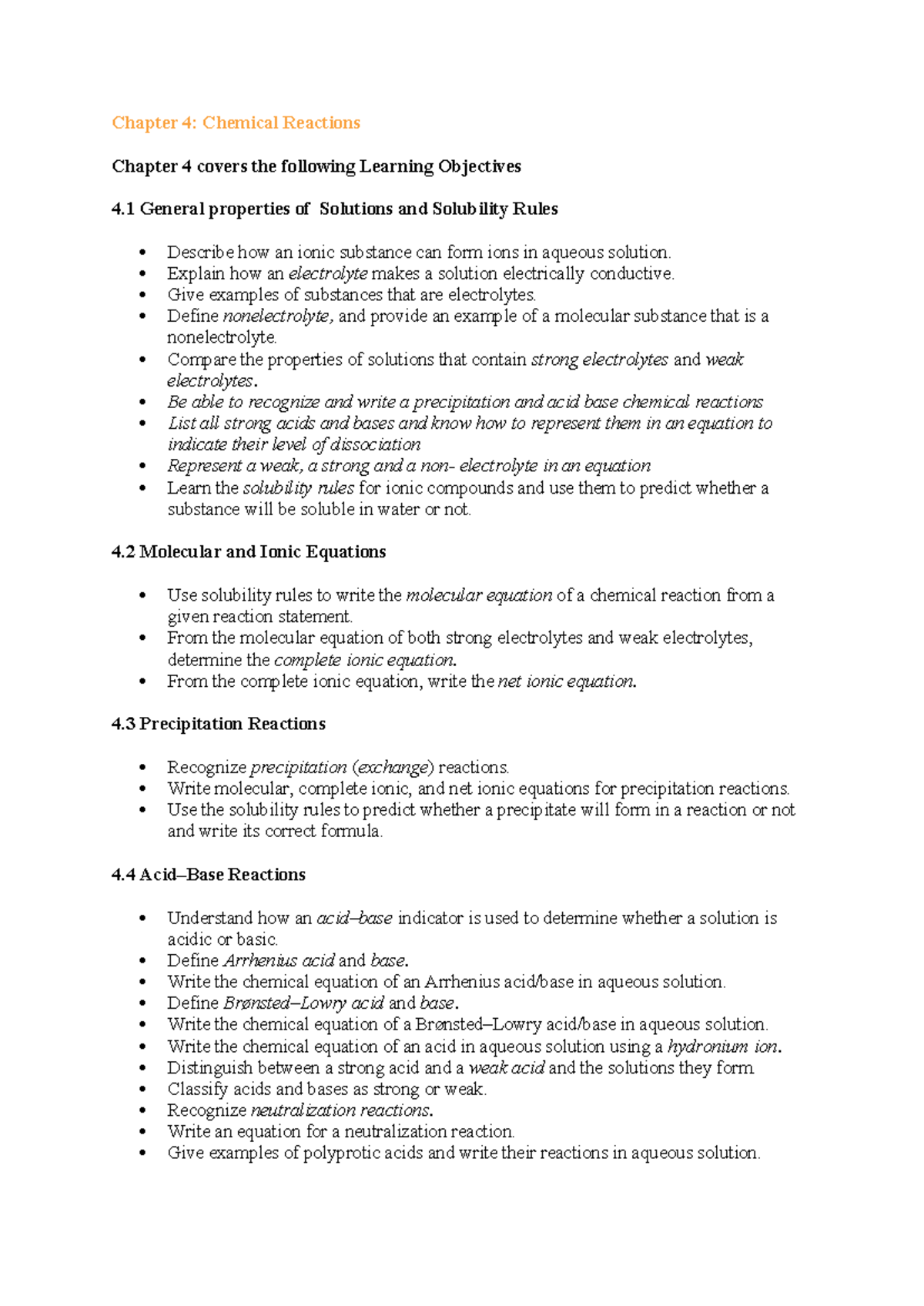 Chapter 4 learning objectives - Chapter 4: Chemical Reactions Chapter 4 ...