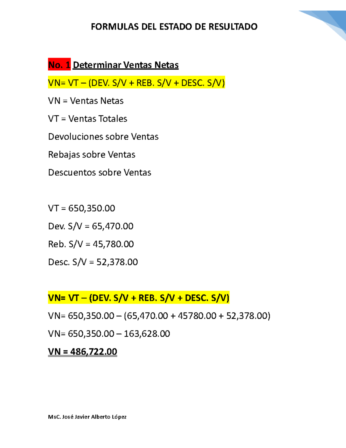 Formulas Estado DE Resultados - No. 1 Determinar Ventas Netas VN= VT ...