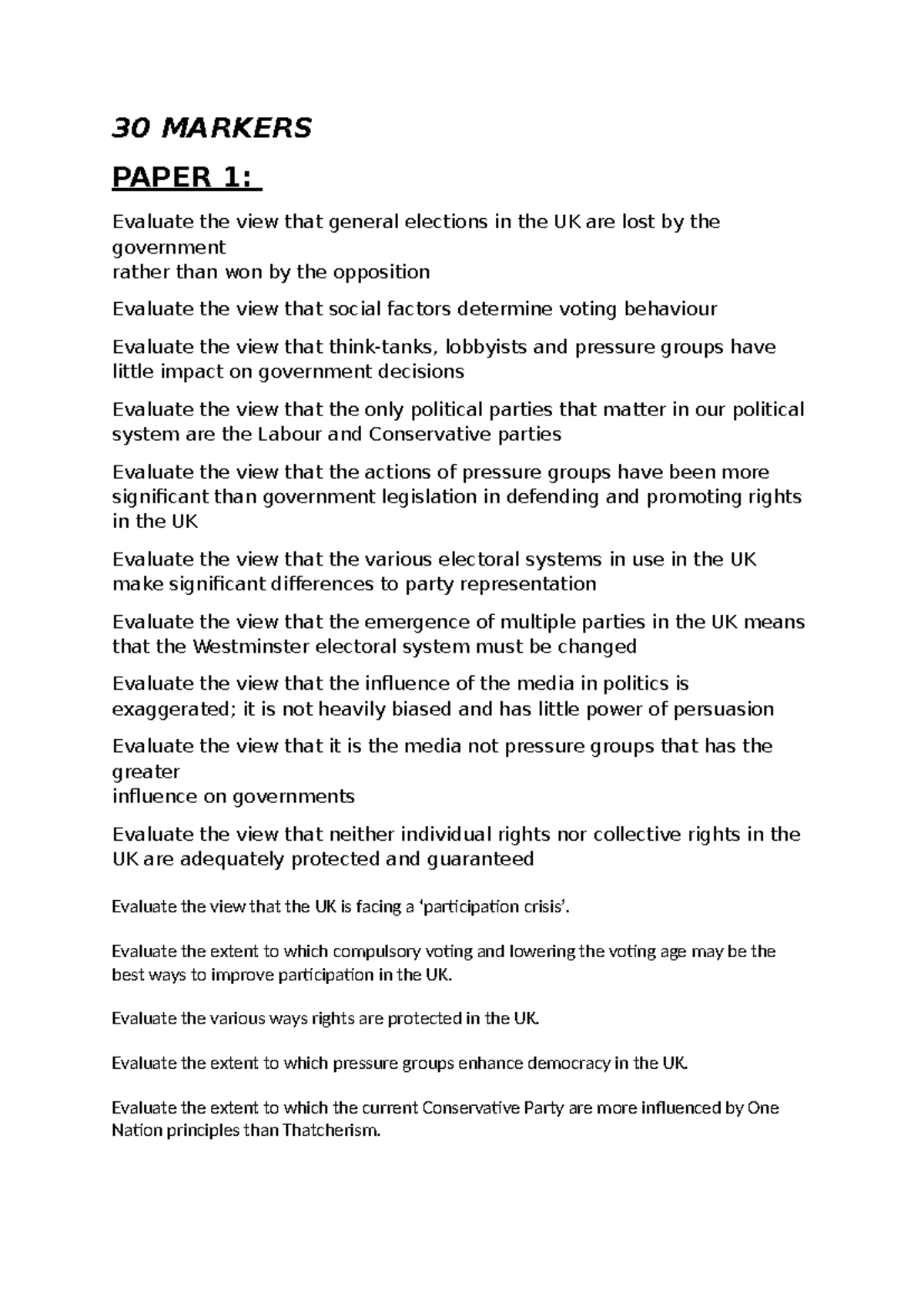 Essay Questions: Analyzing UK and US Political Systems - 30 MARKERS ...