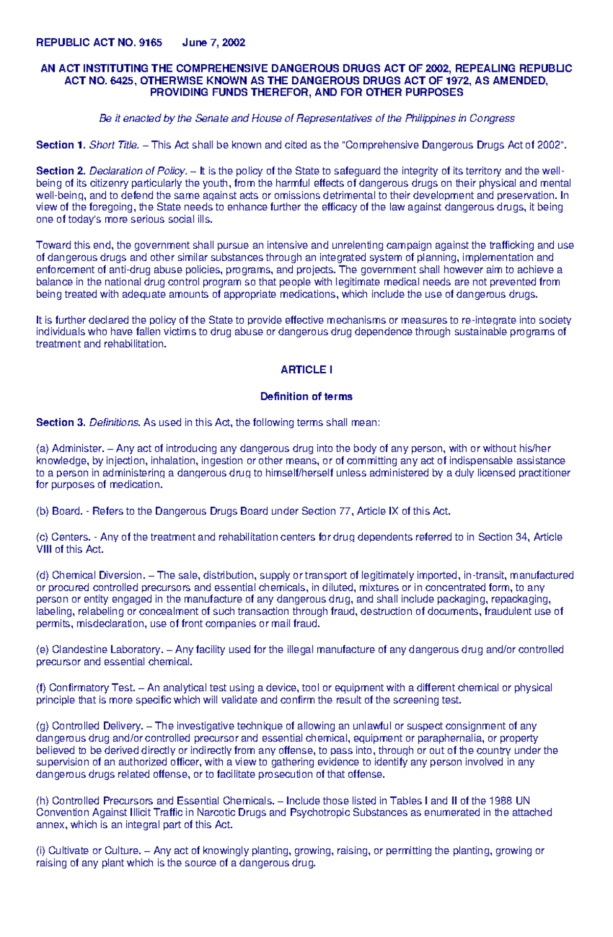 Republic ACT NO. 9165 - This was discussed by Mrs. Capungcol - REPUBLIC ...