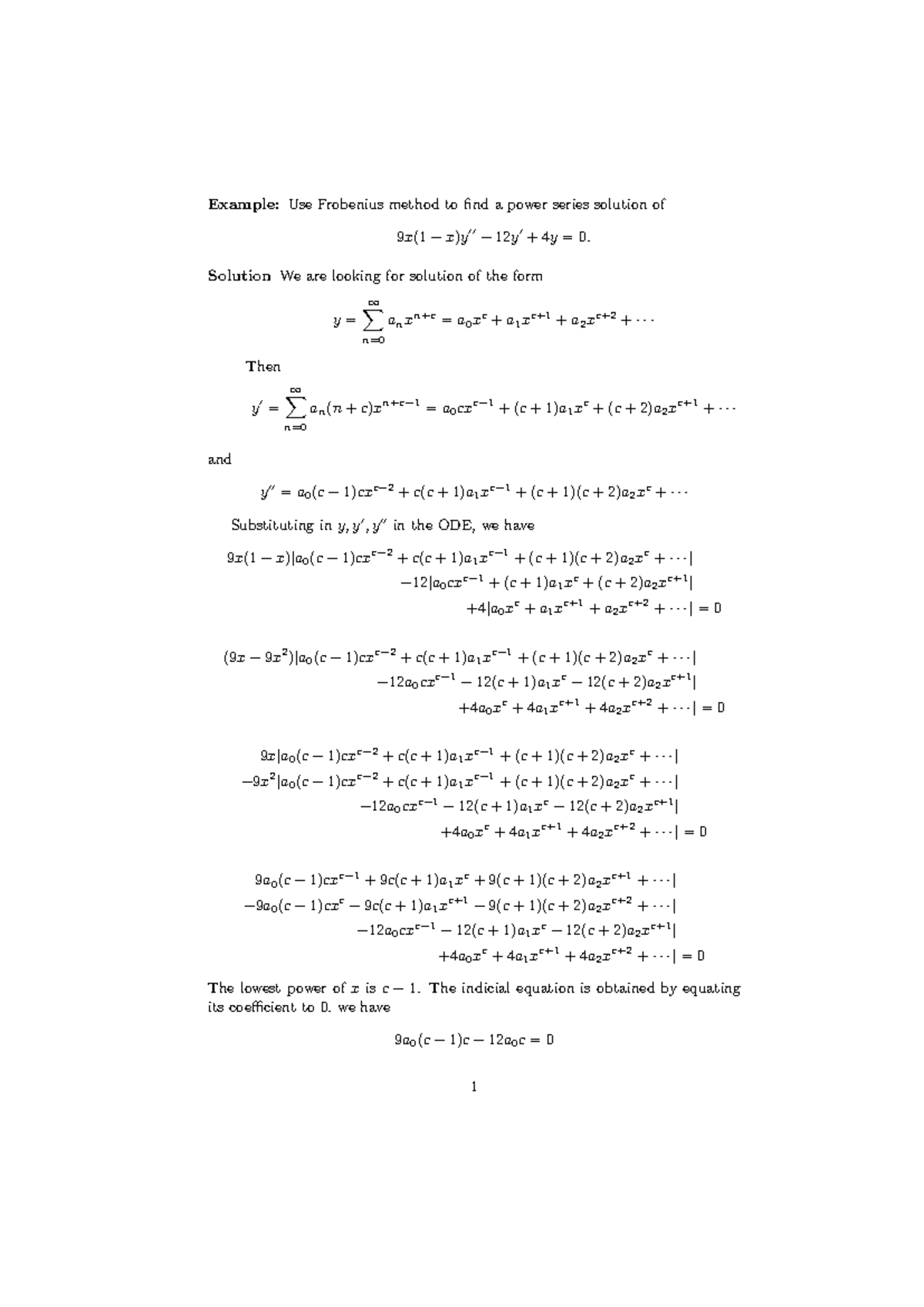 Frob - Differential equations - Example: Use Frobenius method to find a ...