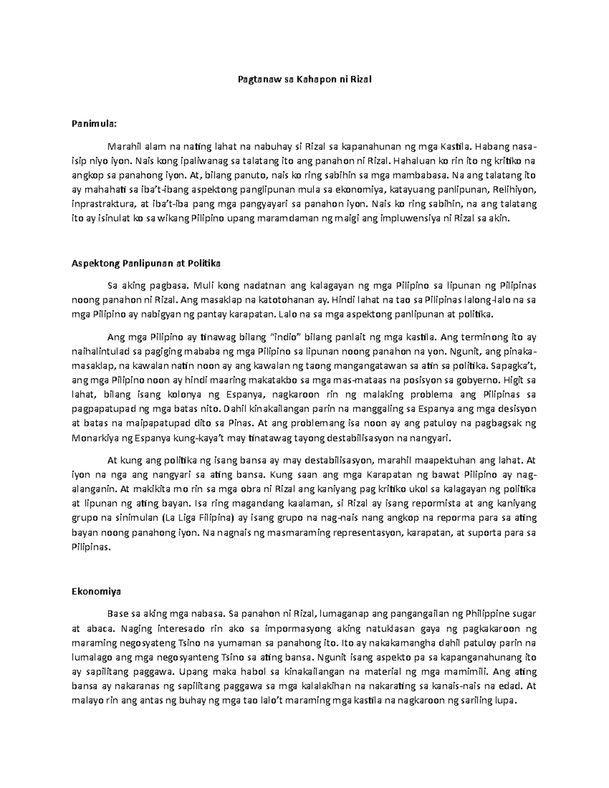 Pagtanaw sa Kahapon ni Rizal - Pagtanaw sa Kahapon ni Rizal Panimula ...