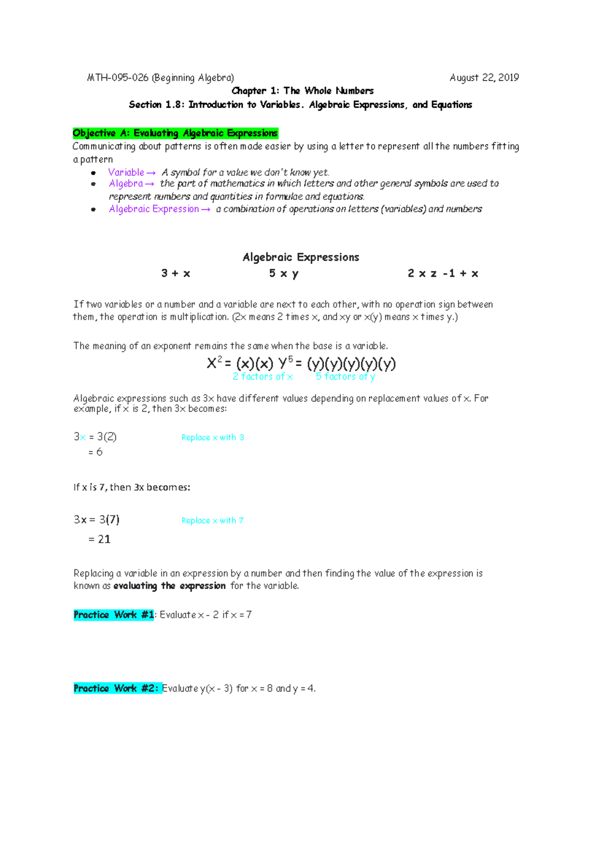 Beginning Algebra Notes Chapter 1 - MTH-095-026 (Beginning Algebra ...