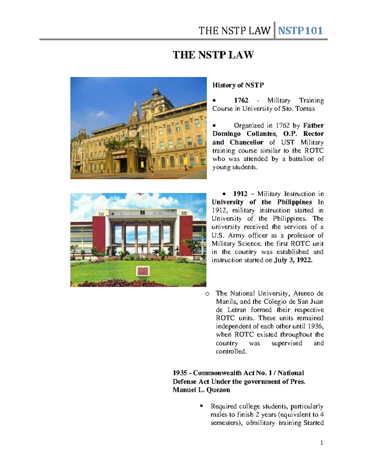 W1 Lesson 1 - The NSTP Law - Module - THE NSTP LAW History of NSTP 1762 ...