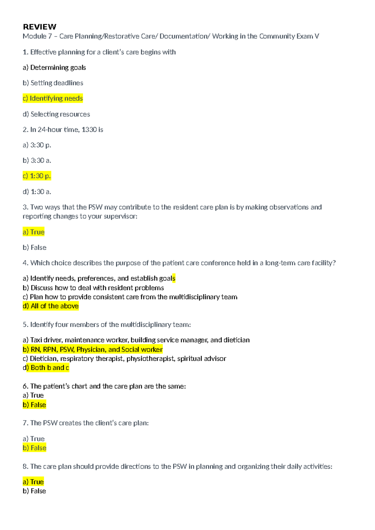 Review module 7 - REVIEW Module 7 – Care Planning/Restorative Care ...