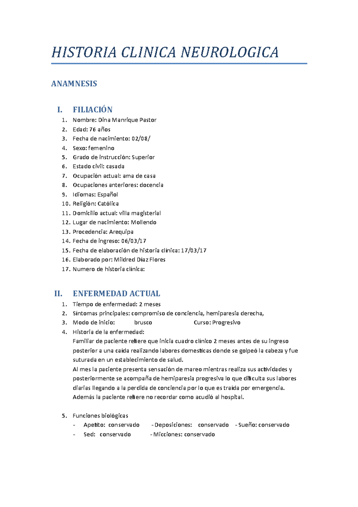 Historia Clinica Neurologica 1 - HISTORIA CLINICA NEUROLOGICA ANAMNESIS ...
