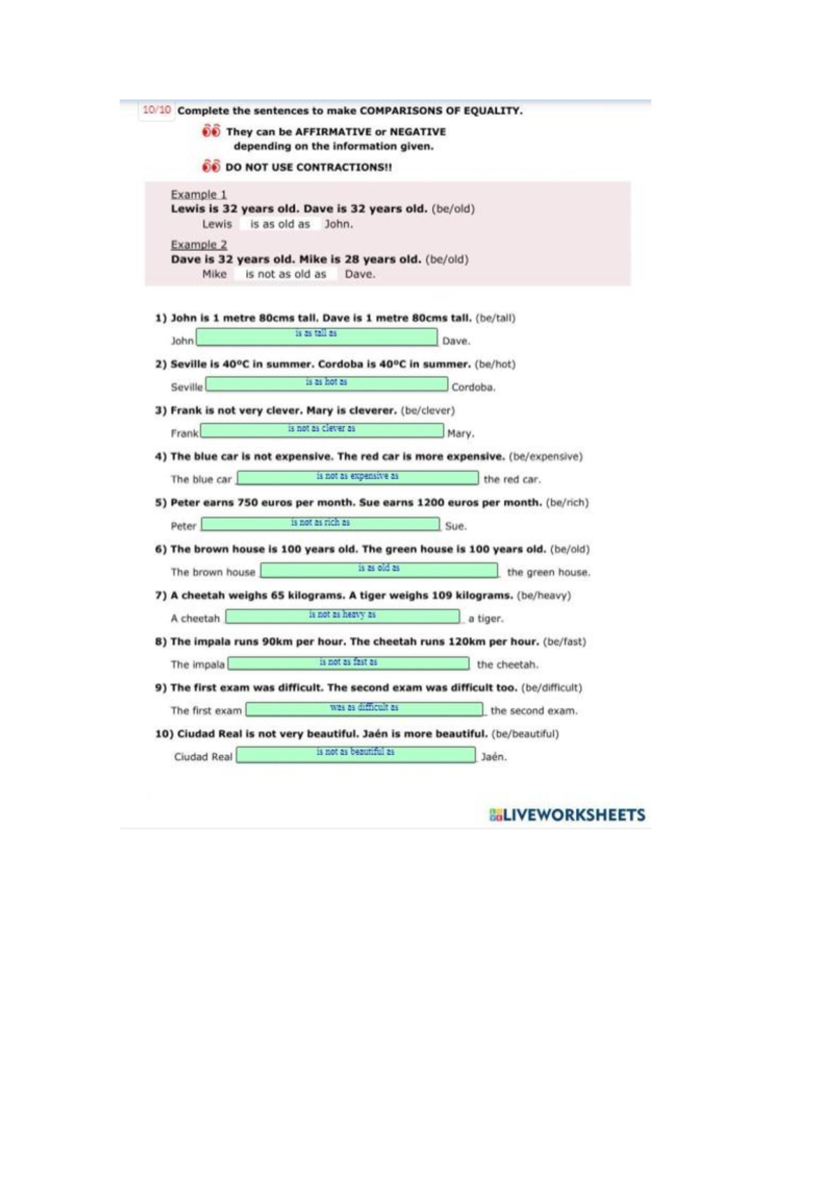 Comparative OF Equality - Complete the sentences to make COMPARISONS OF ...