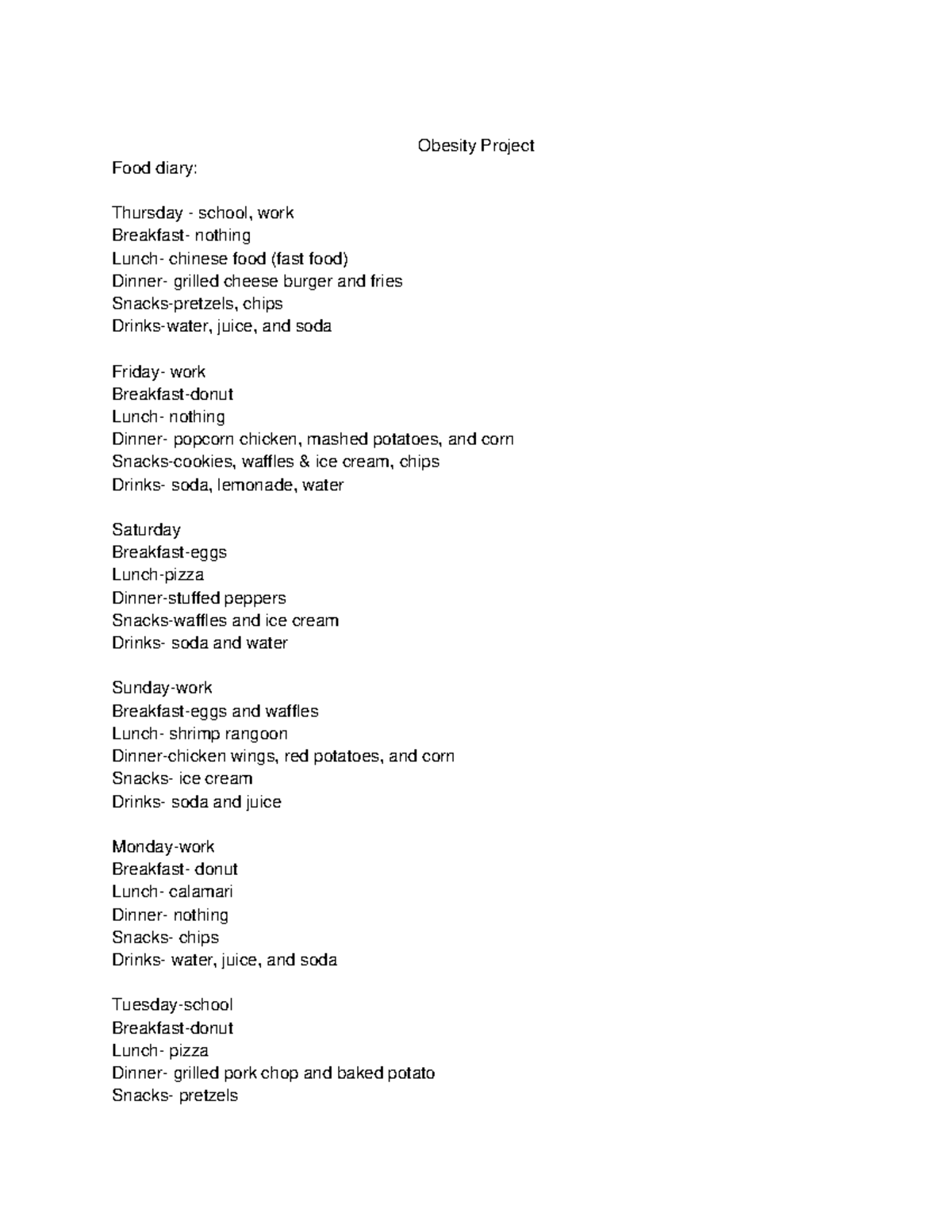 Obesity Project Higher Grade one example - Obesity Project Food diary ...