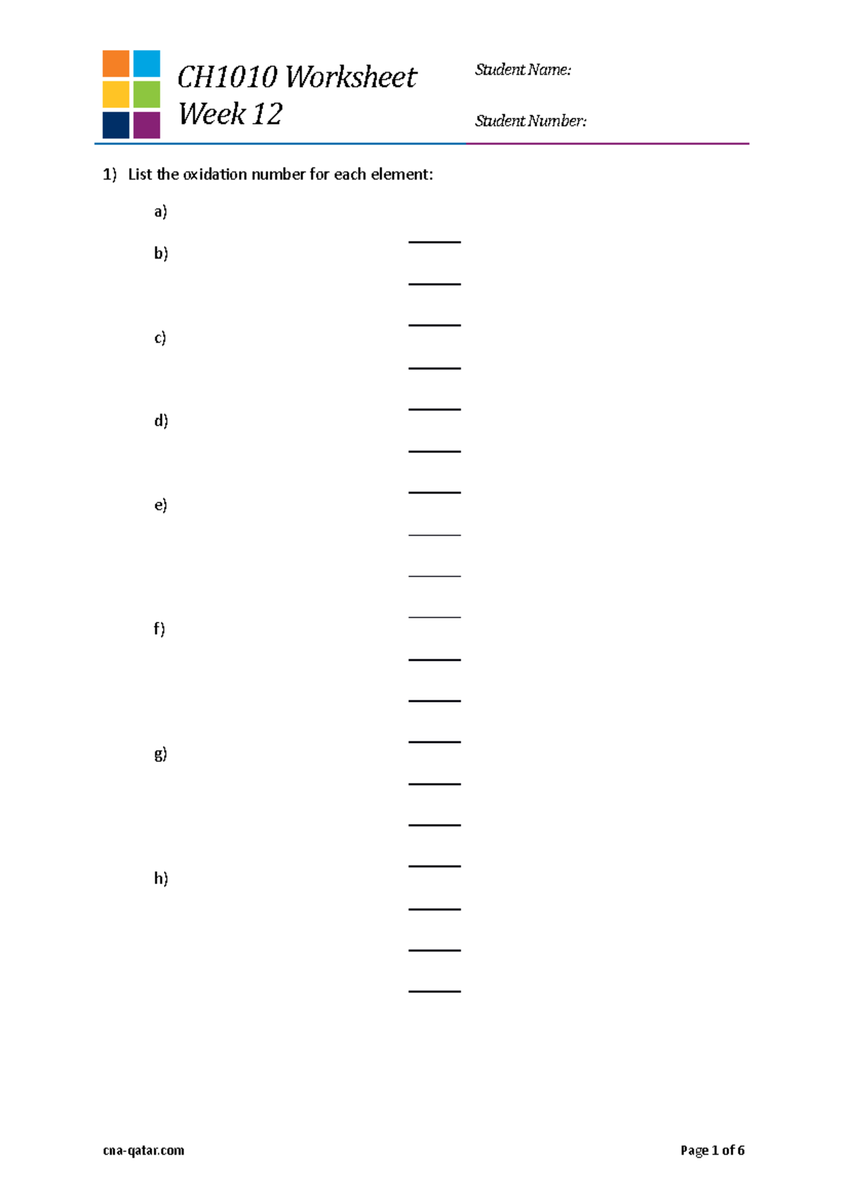 Worksheet Week 12 - Coursework - CH1010 Worksheet Week 12 Student Name ...