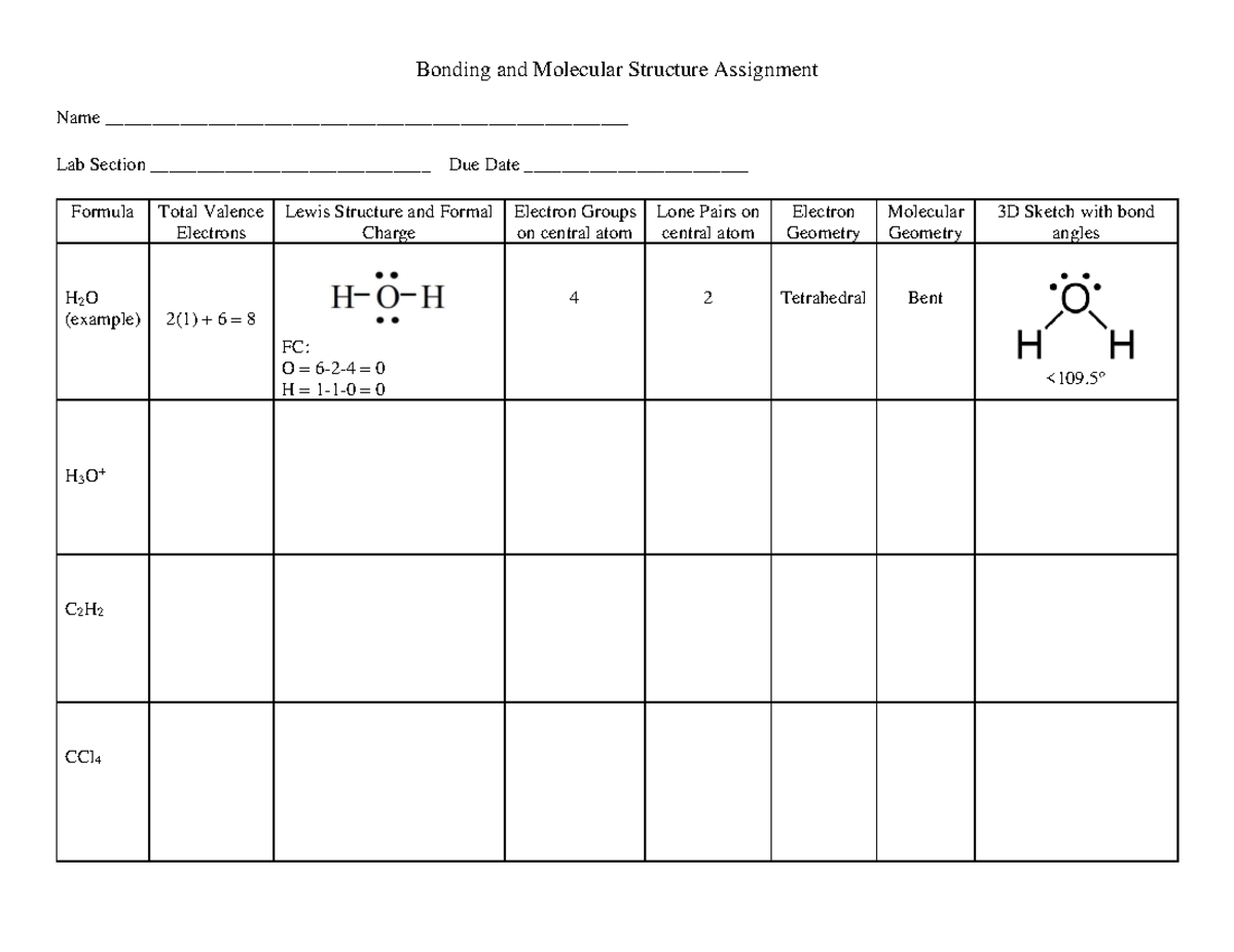 Bonding and Molecular Structure Assignment Fall - Bonding and Molecular ...