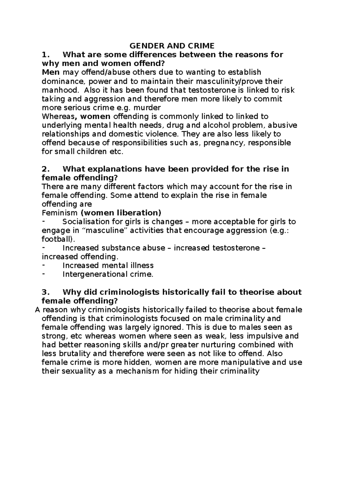 Gender AND Crime - GENDER AND CRIME 1. What are some differences ...