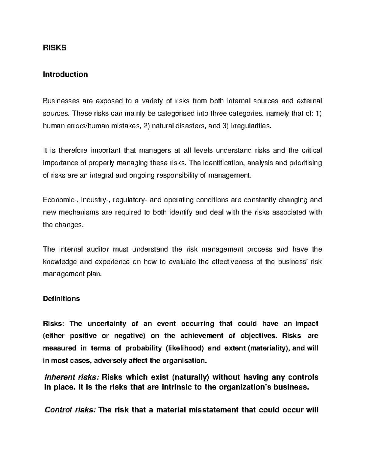 Risk (Introduction) - RISKS Introduction Businesses are exposed to a ...