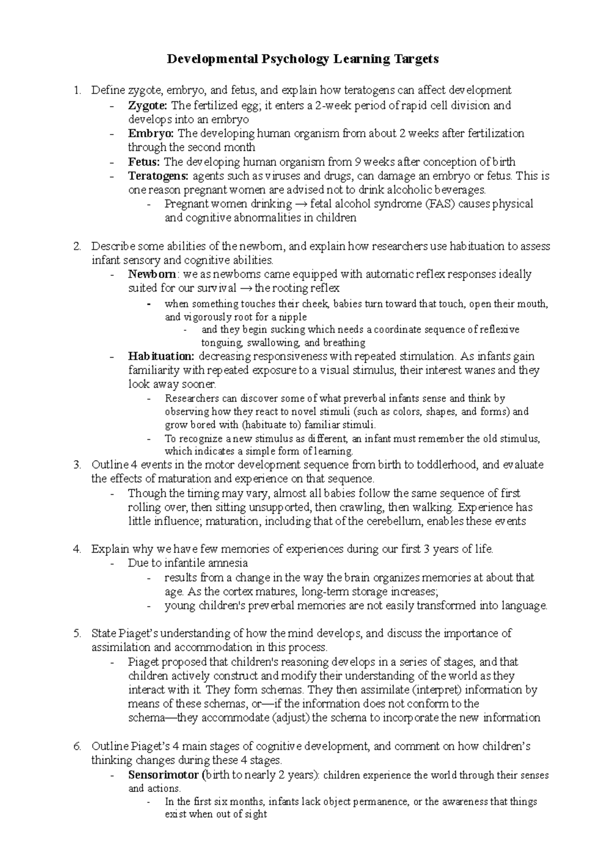 Developmental Psychology Learning Targets - Define zygote, embryo, and ...