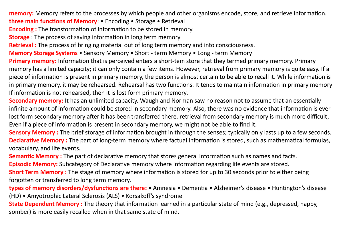 Psy101 - memory: Memory refers to the processes by which people and ...