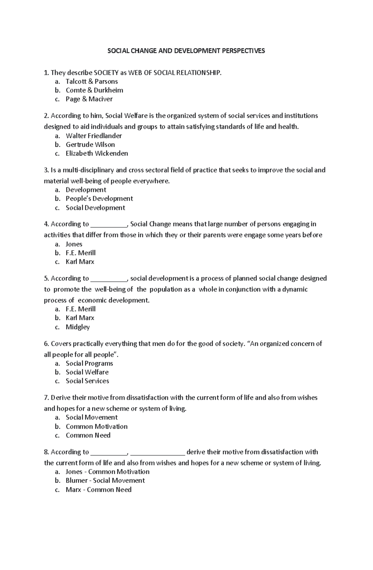 Practice EXAM Social Change AND DEV - SOCIAL CHANGE AND DEVELOPMENT ...