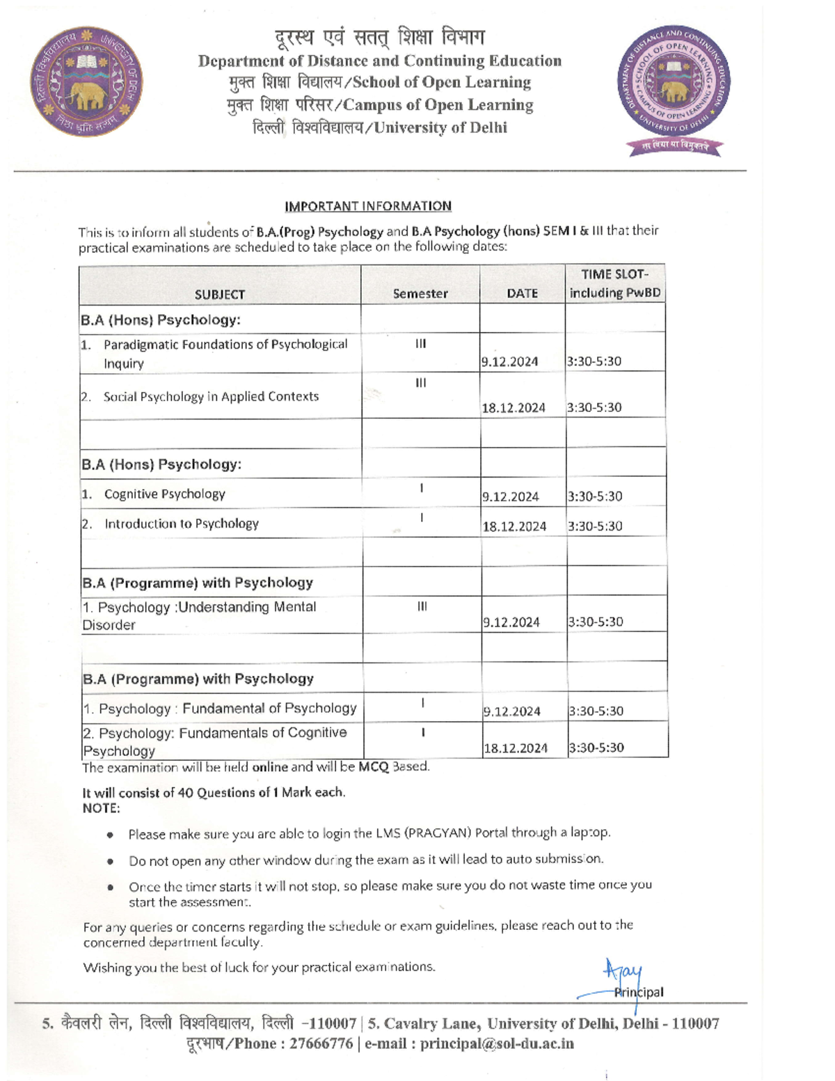 Notice regarding Practical Examination of BA Prog Psychology-BA(Hons ...