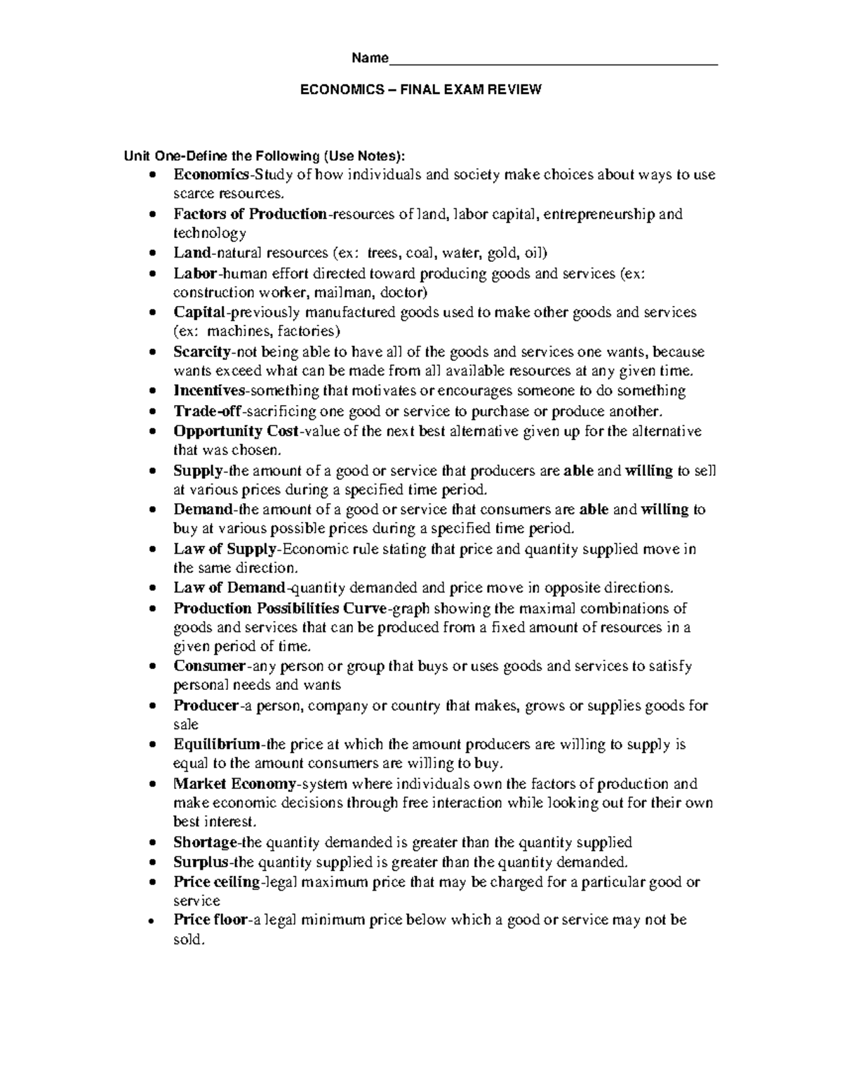Econ Final Exam Study Guide KEY - ECONOMICS – FINAL EXAM REVIEW Unit ...