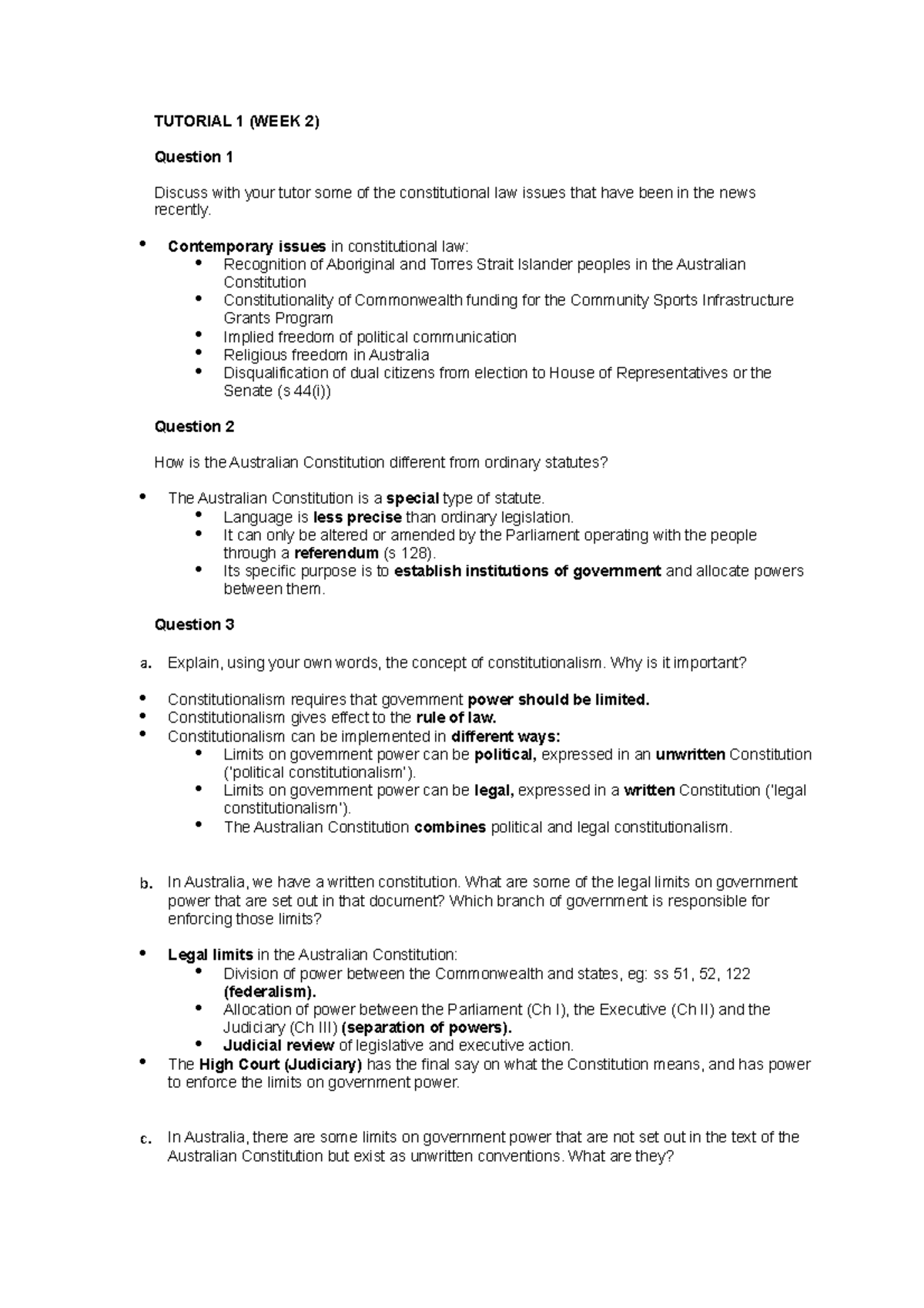 Week 2 Tutorial 1 - Constitutional Law - TUTORIAL 1 (WEEK 2) Question 1 ...