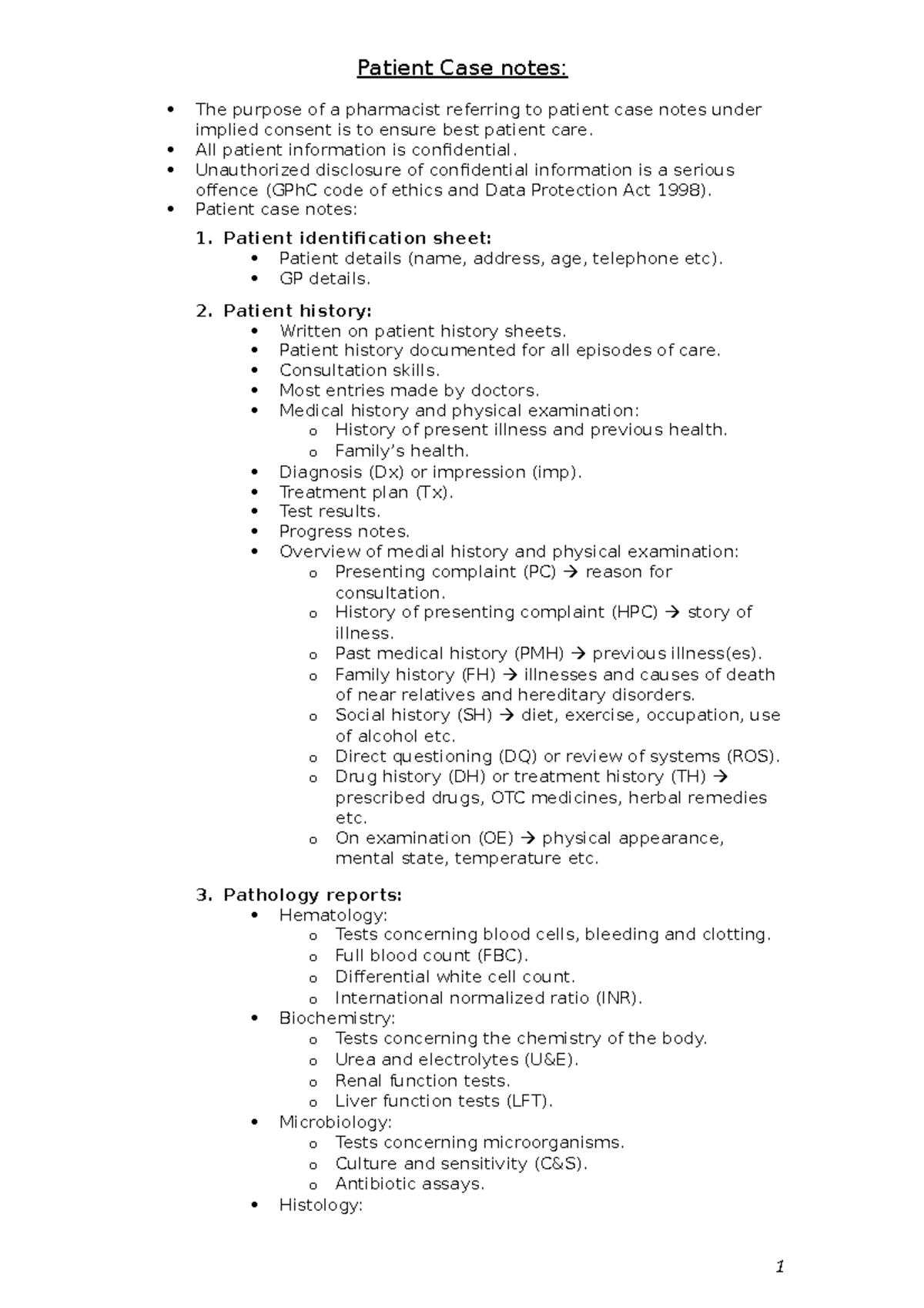Lecture 1.patient.notes - Patient Case notes: The purpose of a ...