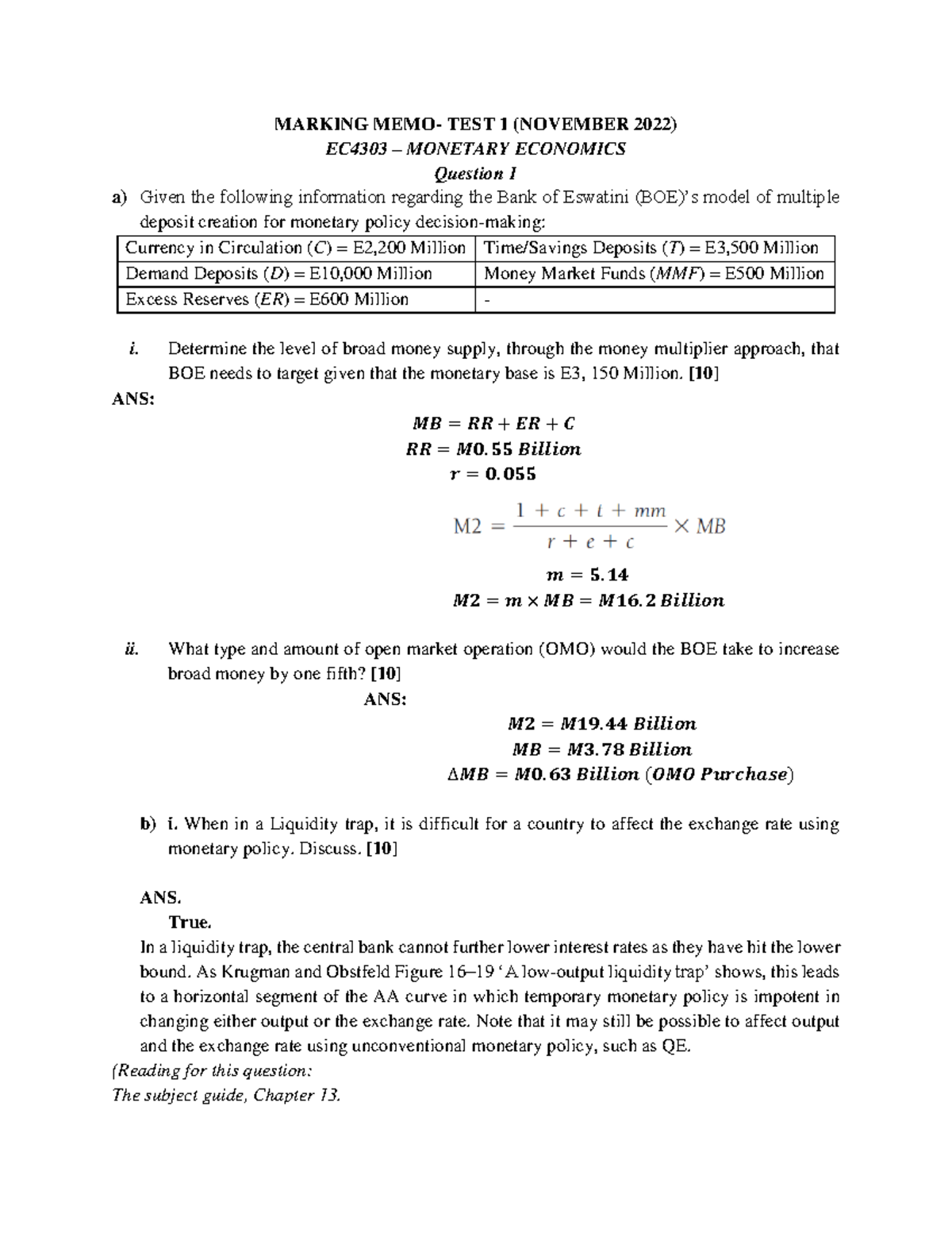 Marking MEMO TEST 1 - EC4303 – Monetary Economics. NOV., 2022 - MARKING ...