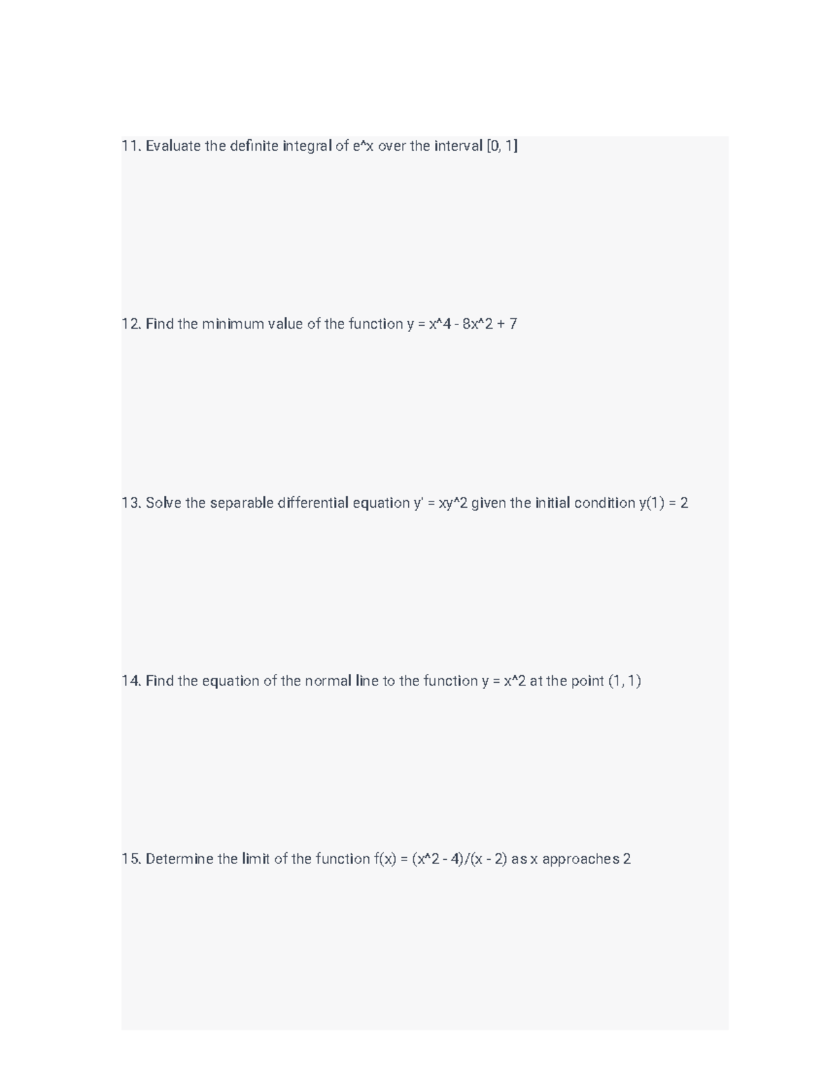 Calculus 2 review problems - Evaluate the definite integral of e^x over ...
