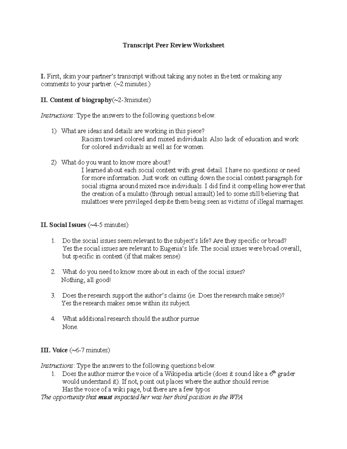 Unit 2 Draft 1 Peer Review Worksheet - Transcript Peer Review Worksheet ...