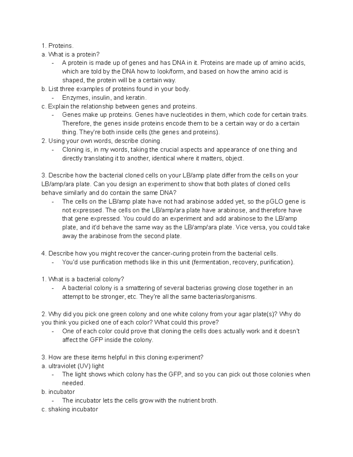 pGLO Purification Online Lab answers BTEC 1000 - Proteins. a. What is a ...