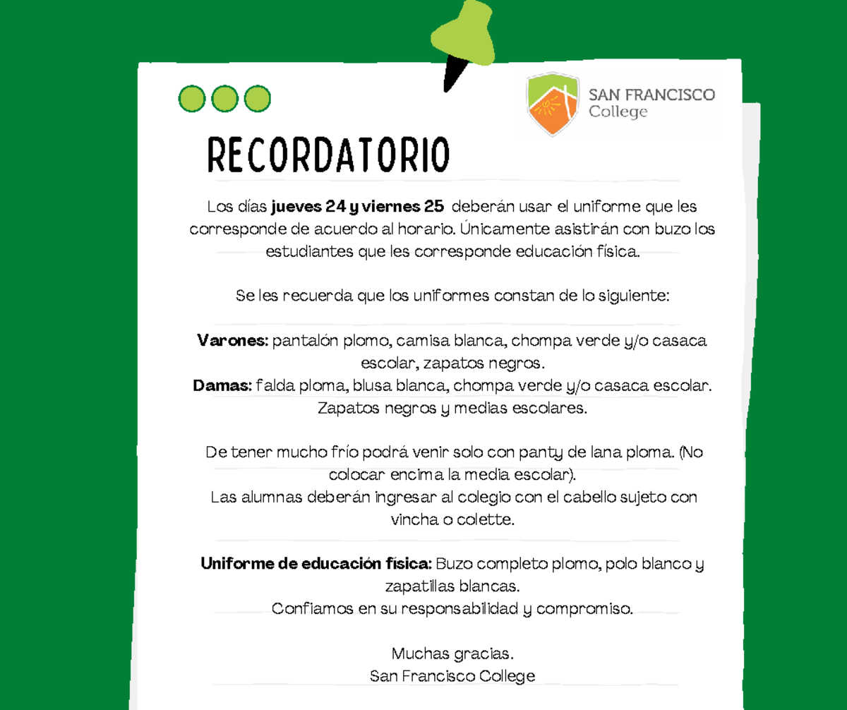 Recordatorio - ddddd - Los días jueves 24 y viernes 25 deberán usar el ...