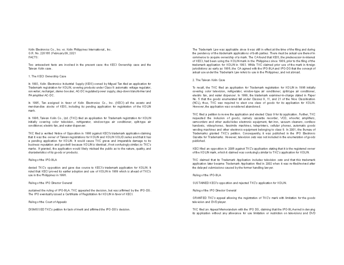 Trademark Case Digestst - Google Docs - - Studocu