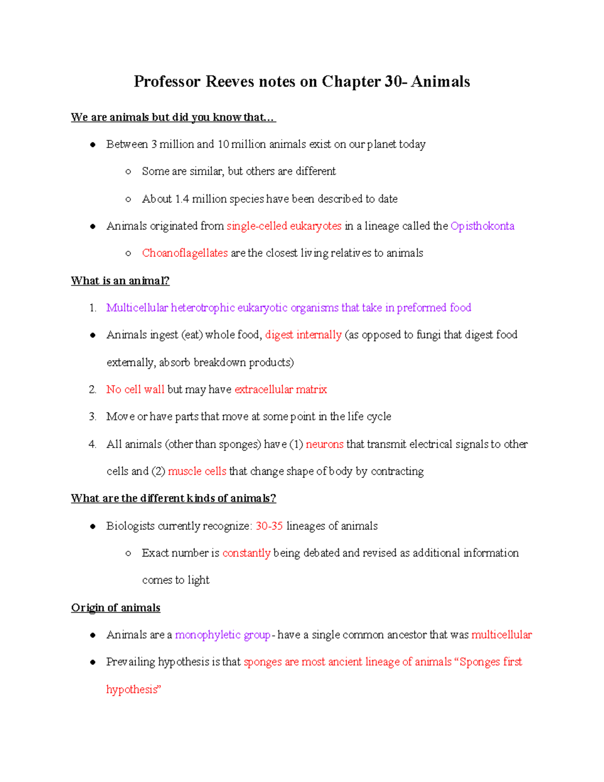 Professor Reeves notes on Chapter 30- Animals - .. Between 3 million ...