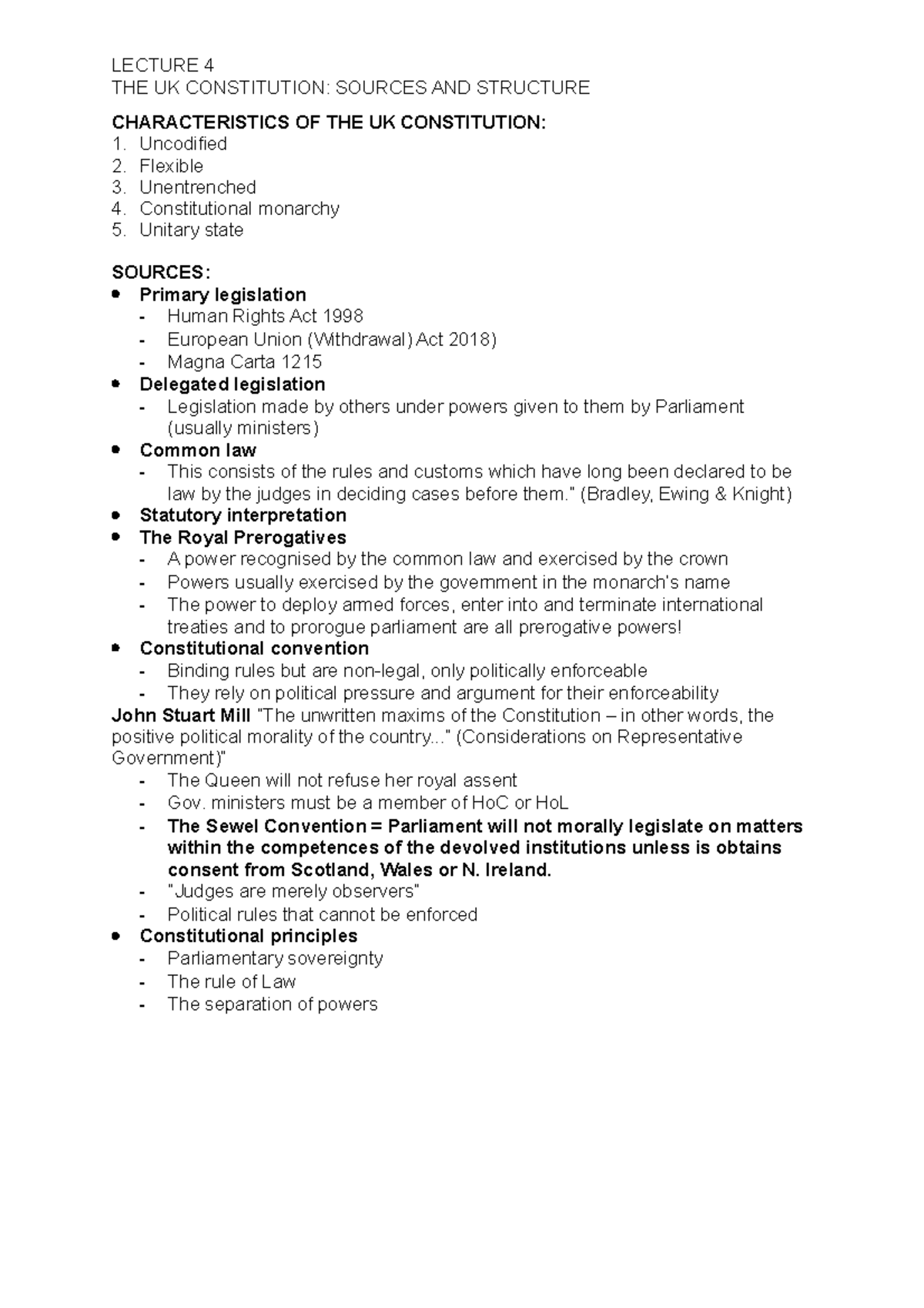 Lecture 4 - The UK Constitution- Sources and Structure - LECTURE 4 THE ...
