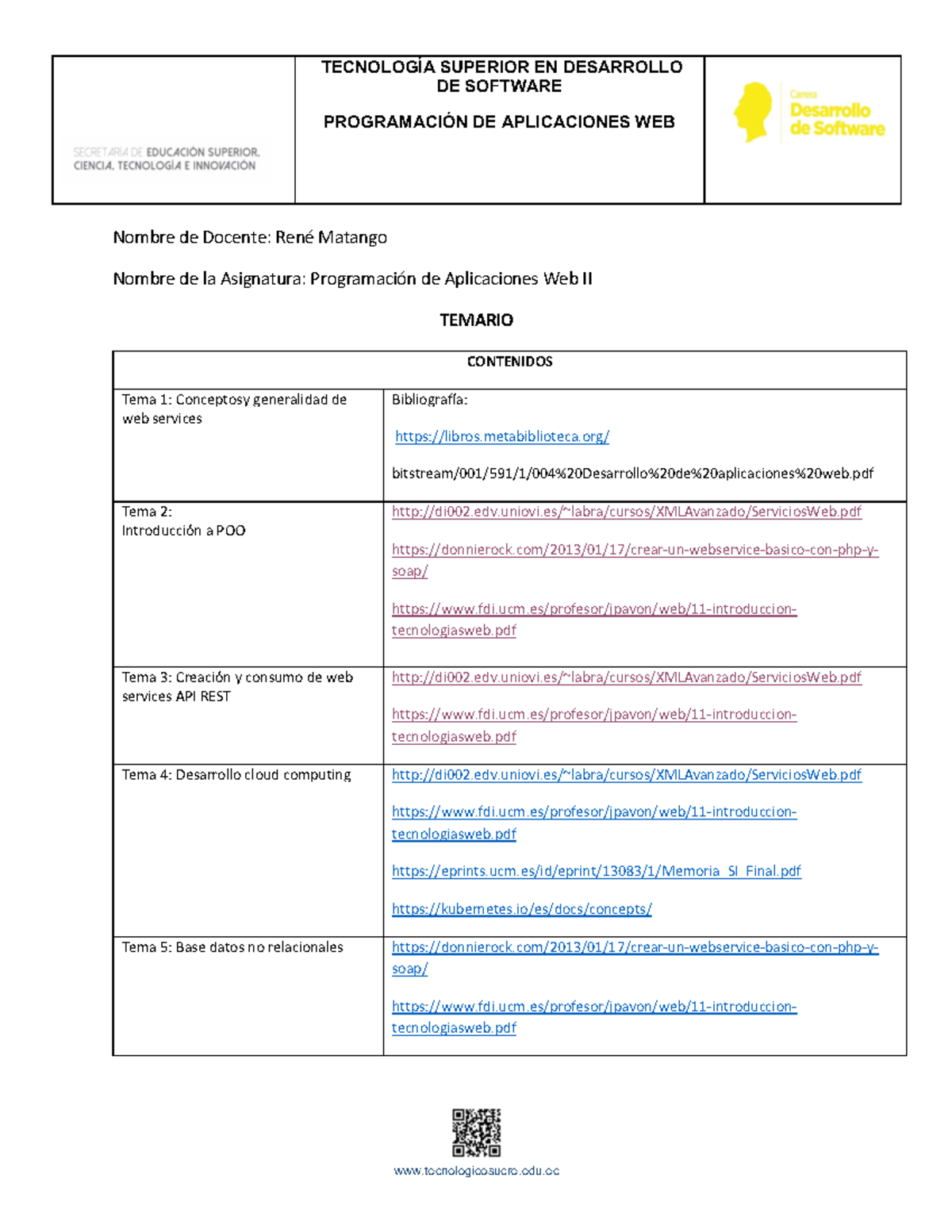 Temario Programación Aplicaciones Web II René Matango - TECNOLOGÍA SUPERIOR EN DESARROLLO DE ...