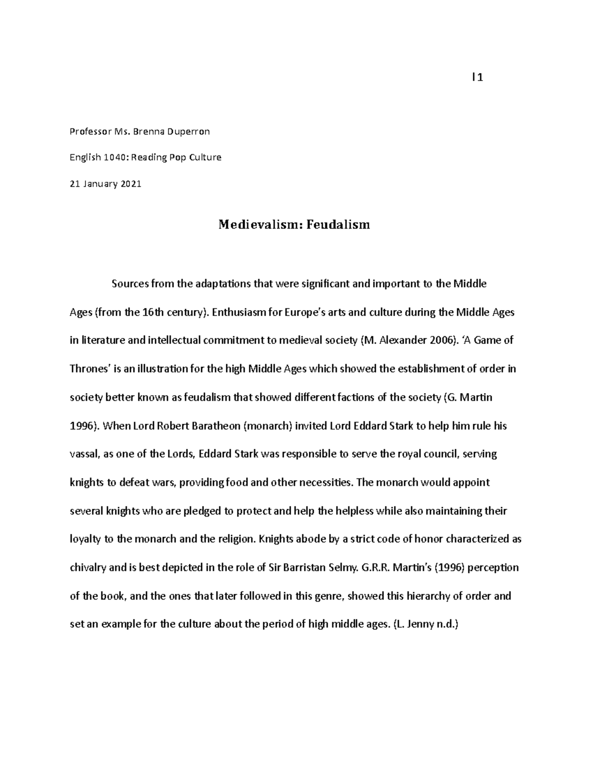 Short writing assignment 1 - l 1 Professor Ms. Brenna Duperron English ...