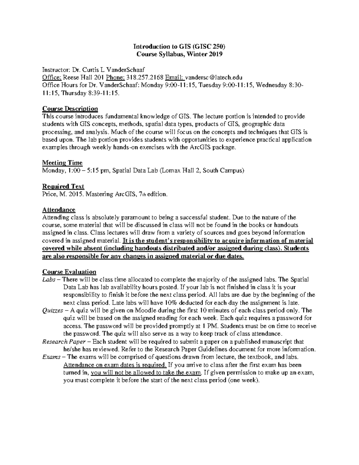 Introduction to GIS syllabus - Introduction to GIS (GISC 250) Course ...