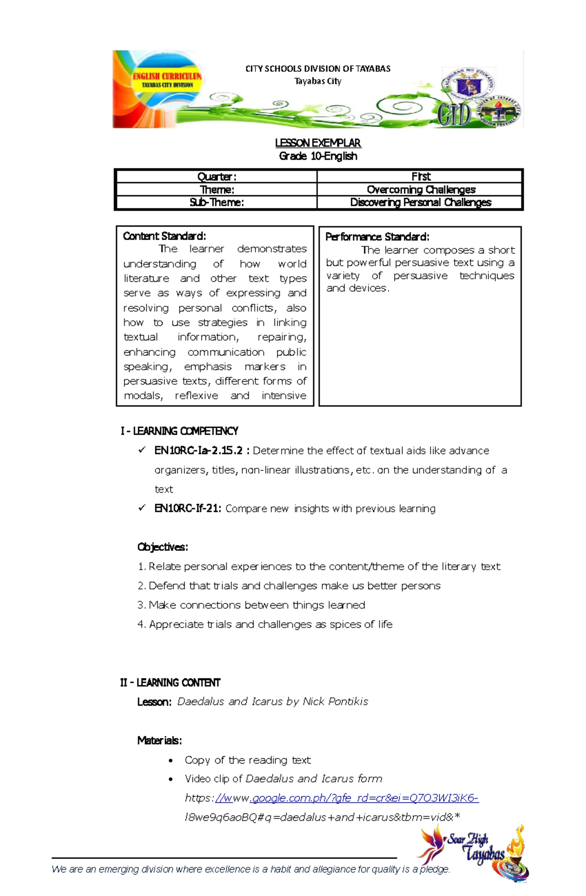 G10 English Lesson Exemplar 1st Quarter - LESSON EXEMPLAR Grade 10 ...