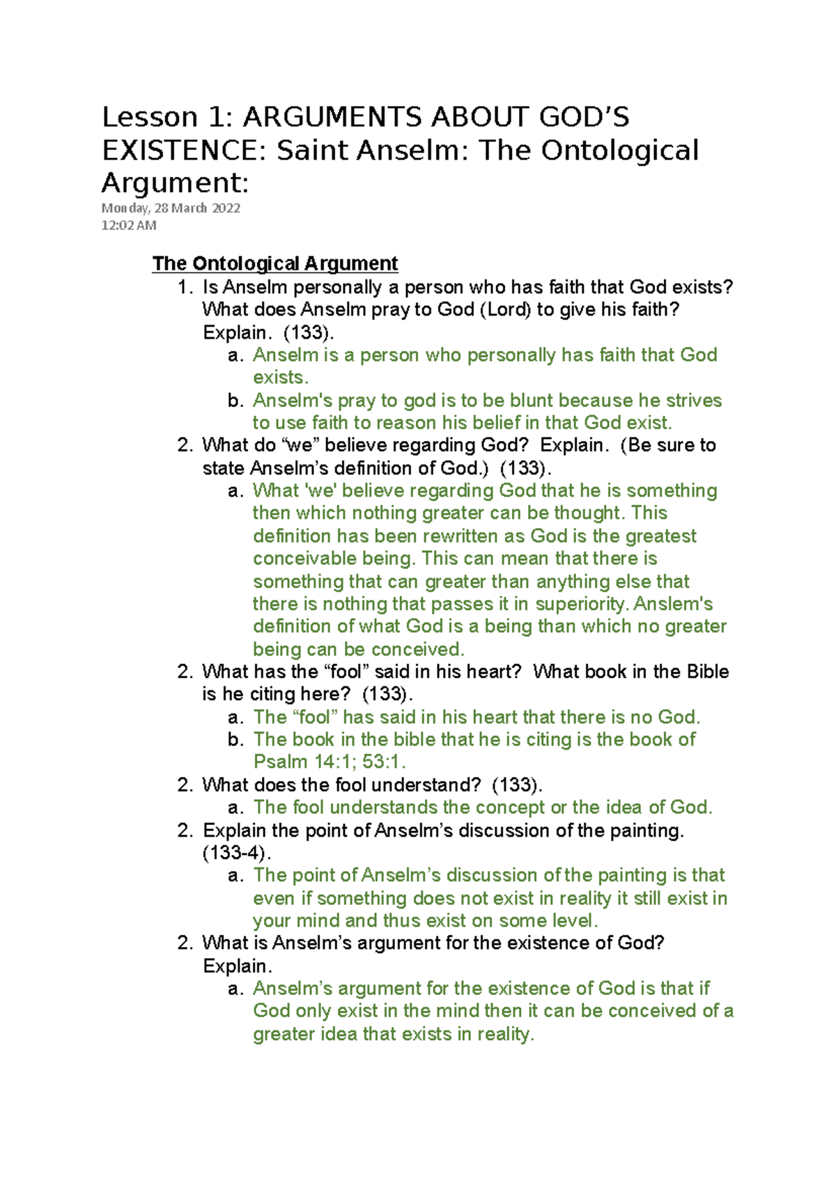 Lesson 1 Arguments About GOD’S Existence Saint Anselm The Ontological ...