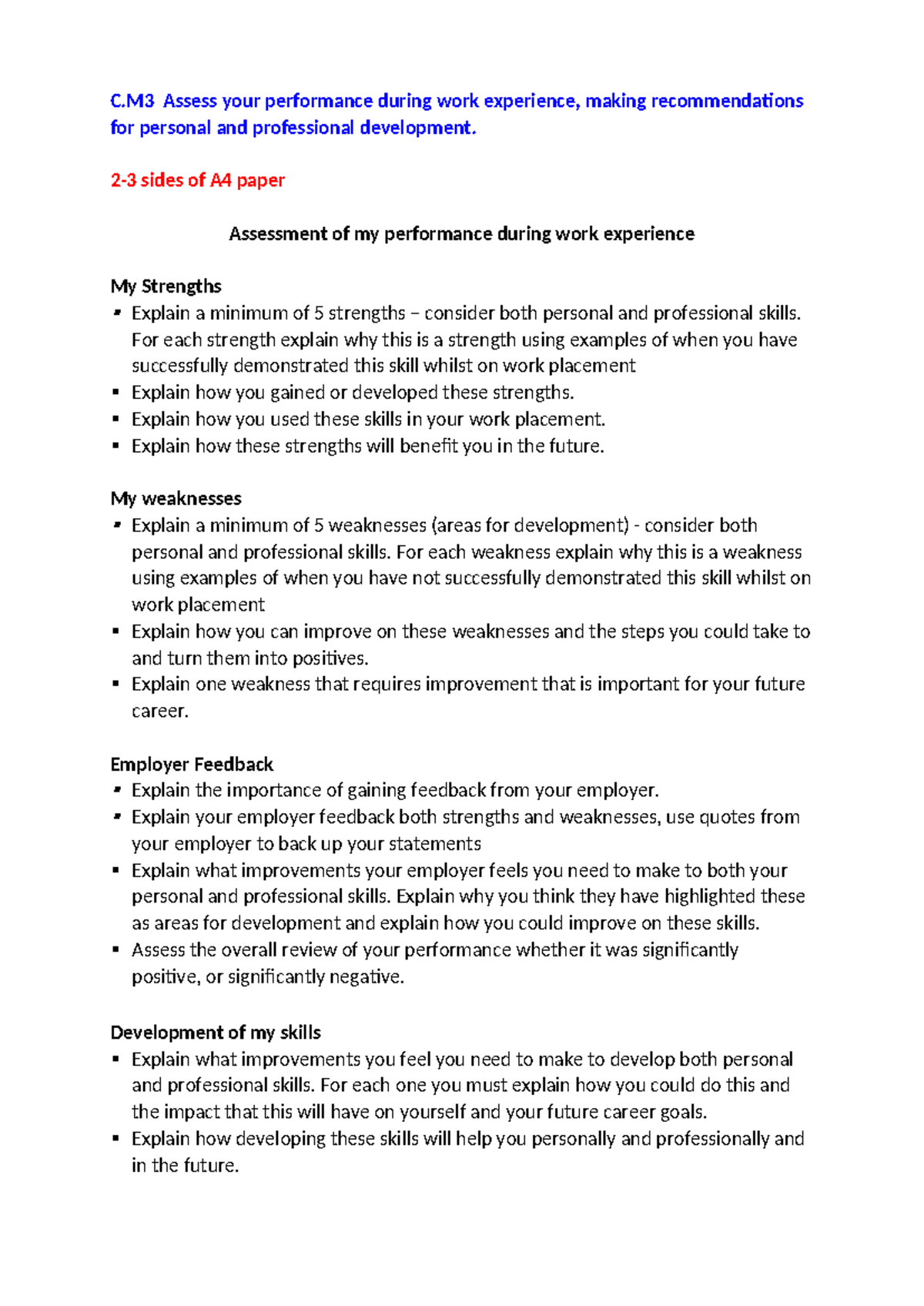 Help Sheet LA.C - Assignment 2 - C Assess your performance during work ...