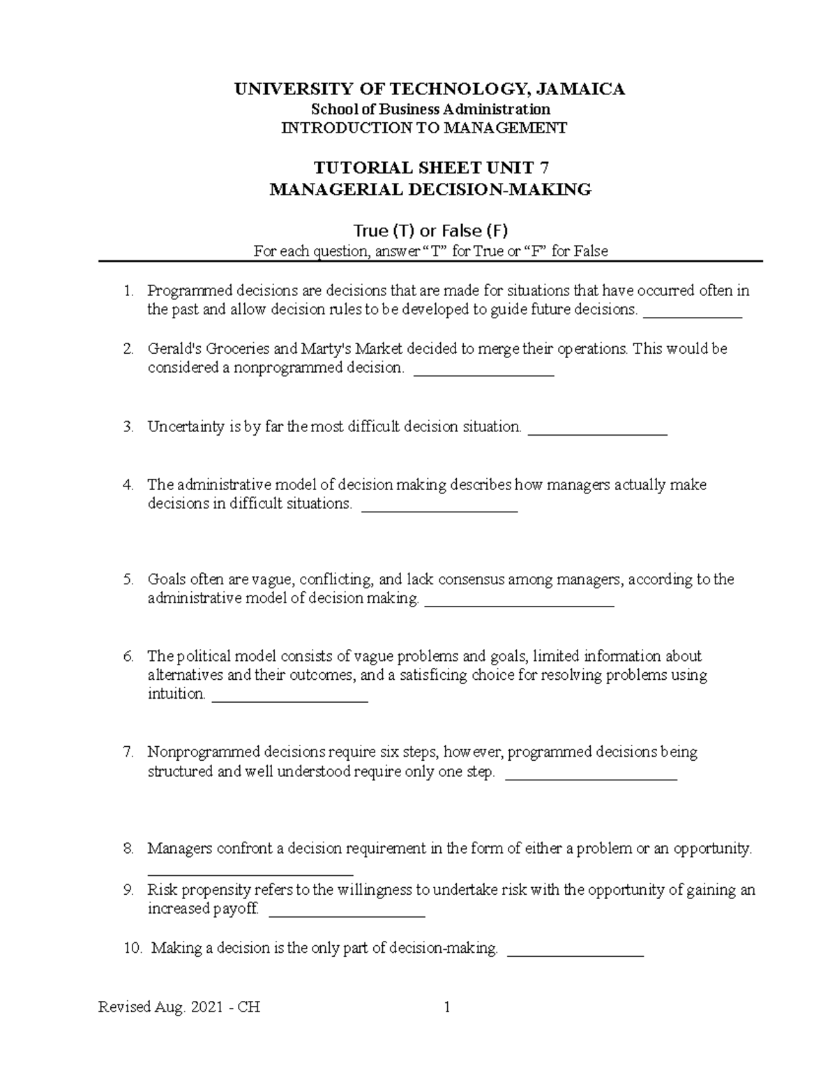 Tutorial 7 - Decision Making - Revised Student - Introduction to ...