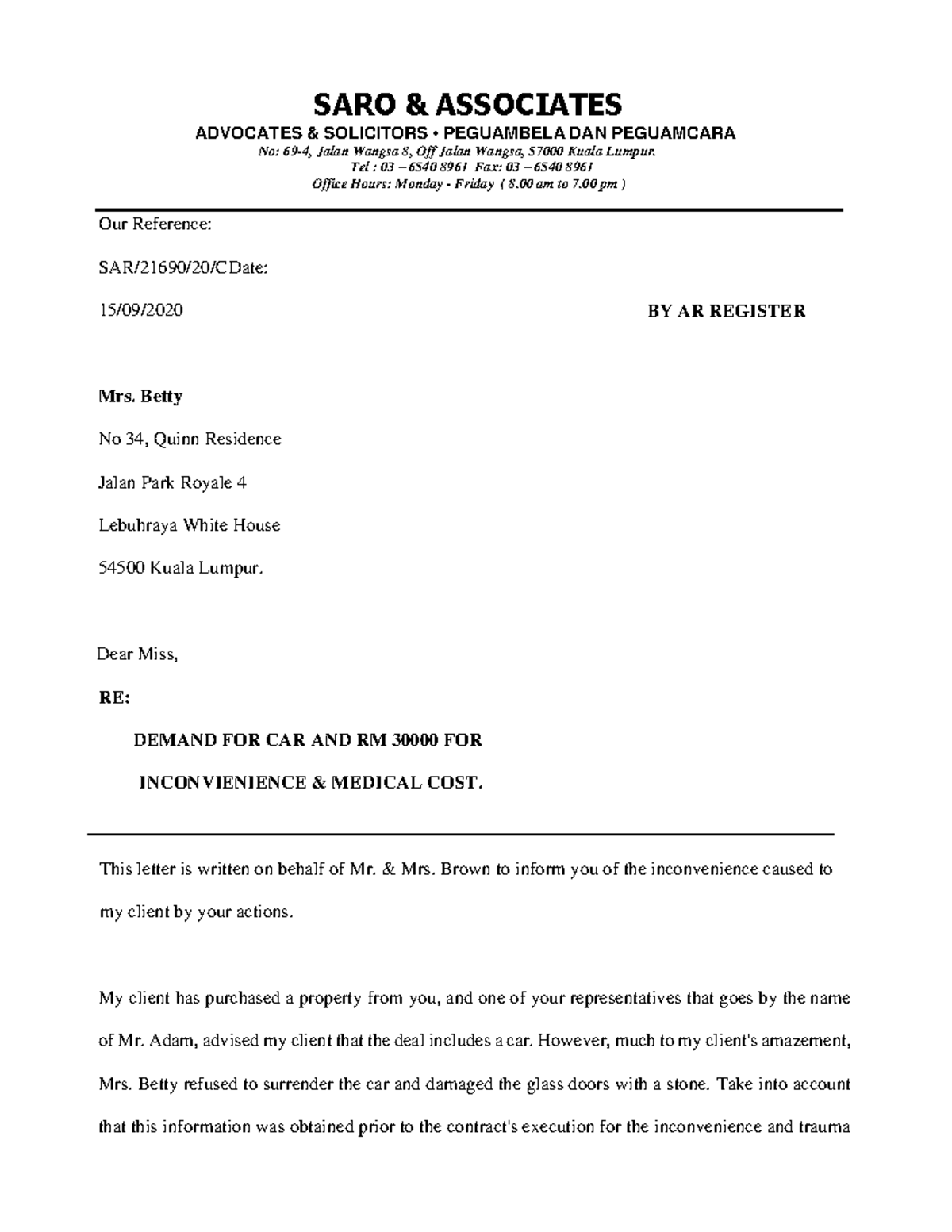 SARO Letter of Demand - essay - SARO & ASSOCIATES No ADVOCATES ...