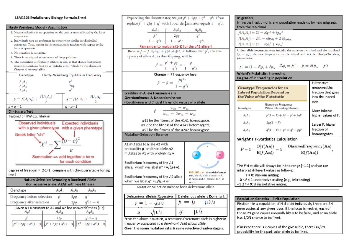 Formula Sheet Evo Bio Finals LSM1105 Evolutionary Biology Formula