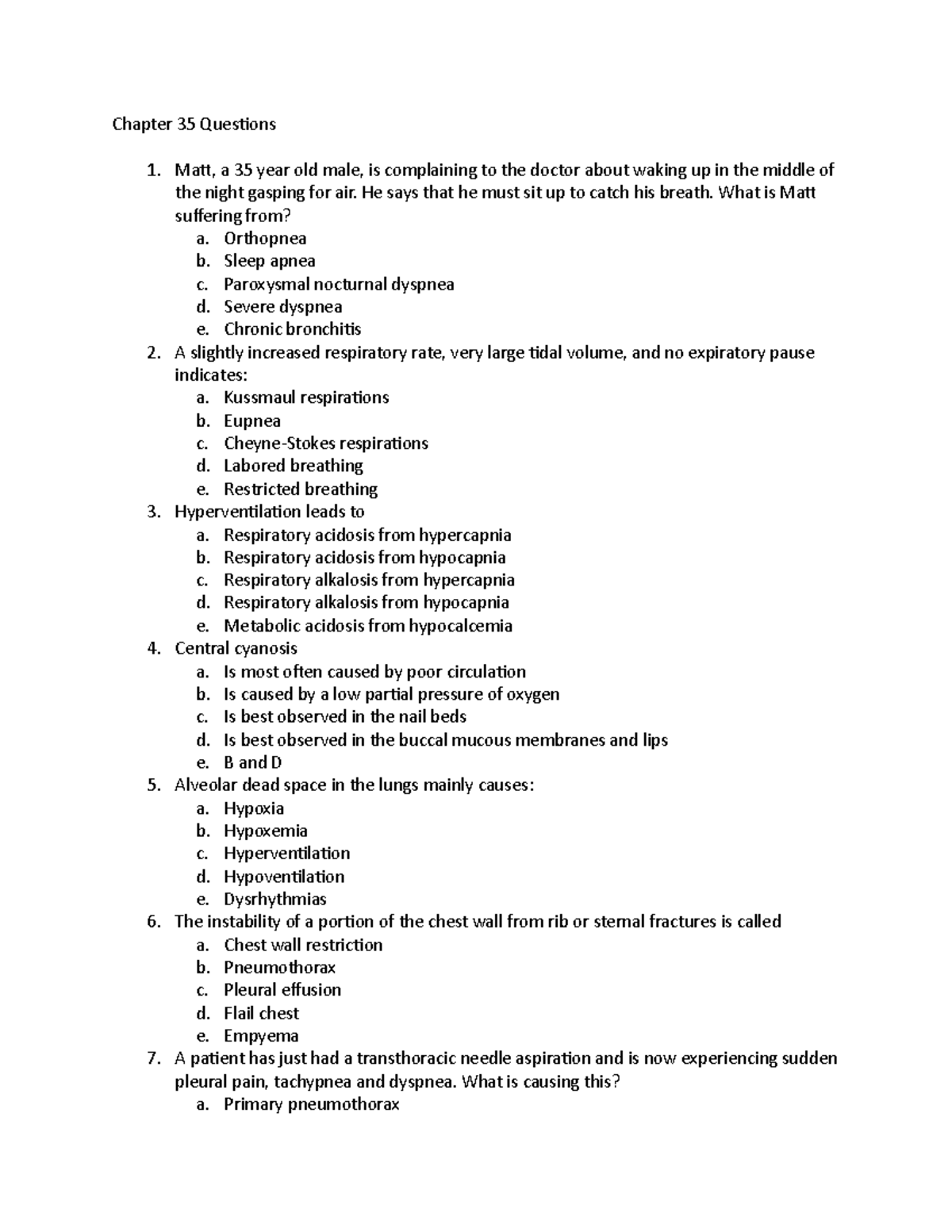 Alterations Of Pulmonary Function Practice Questions Ch 35 Chapter 35 Questions 1 Matt A